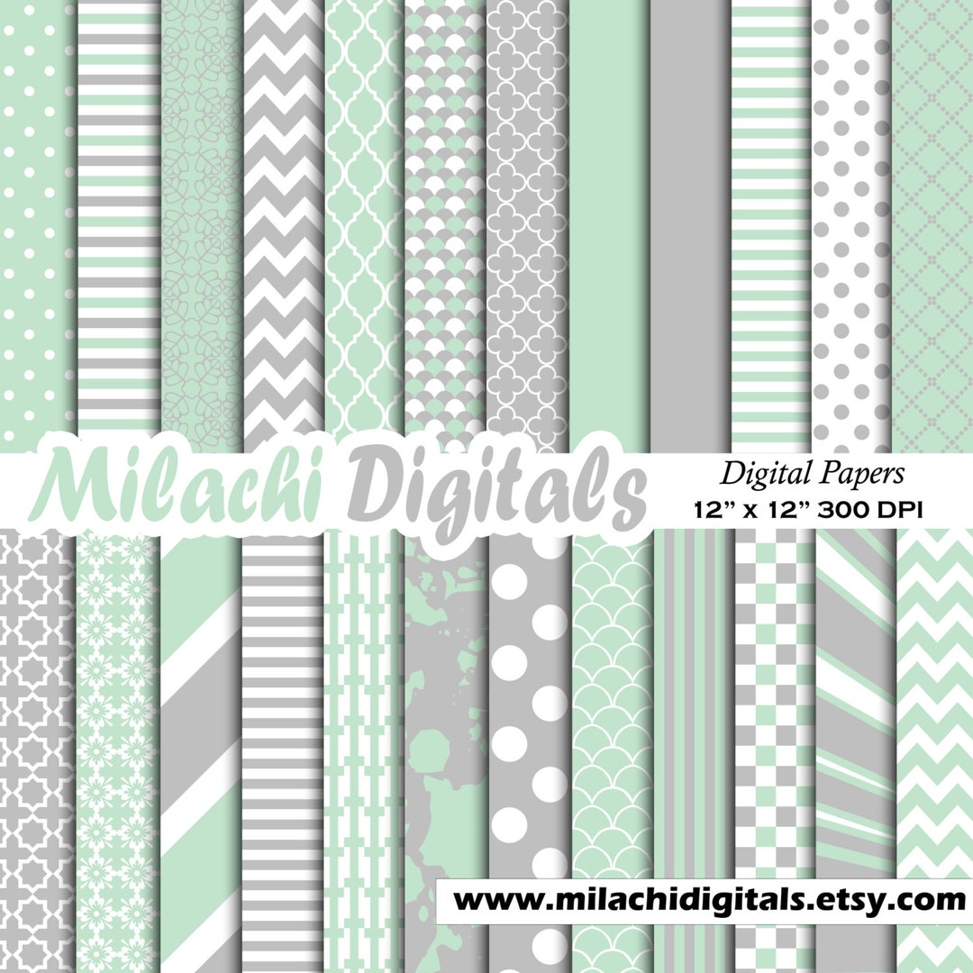 Mint and Gray Digital Paper, Background, Scrapbook Papers, Stripes ...