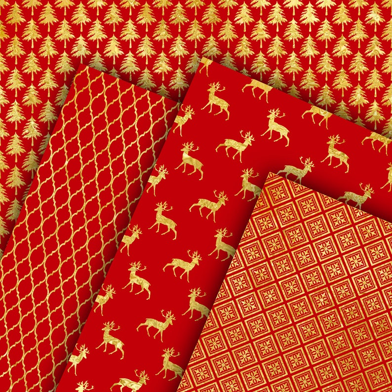 Red and Gold Christmas Digital Paper, Holiday Scrapbook Papers ...