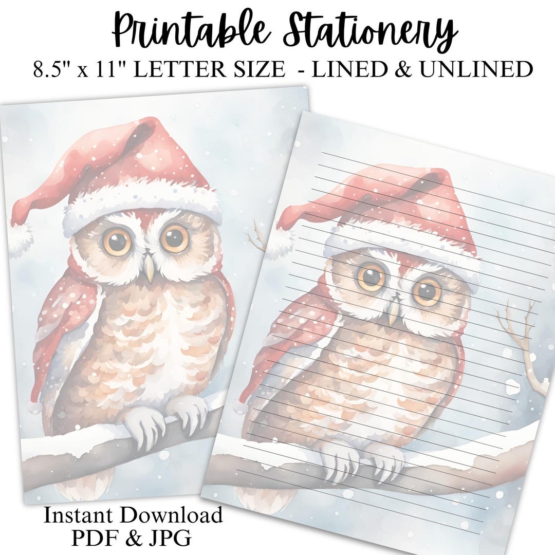 Christmas Owl Stationery Printable, Holiday Digital Paper for Journals ...