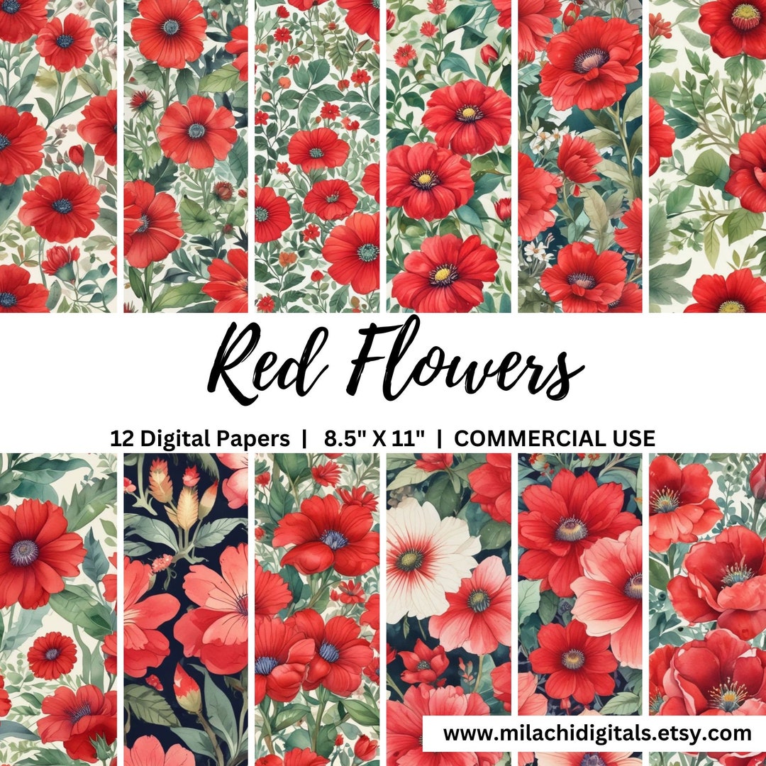 Red Flowers Digital Paper Pack 8.5"x11", Floral Junk Journal Printable ...