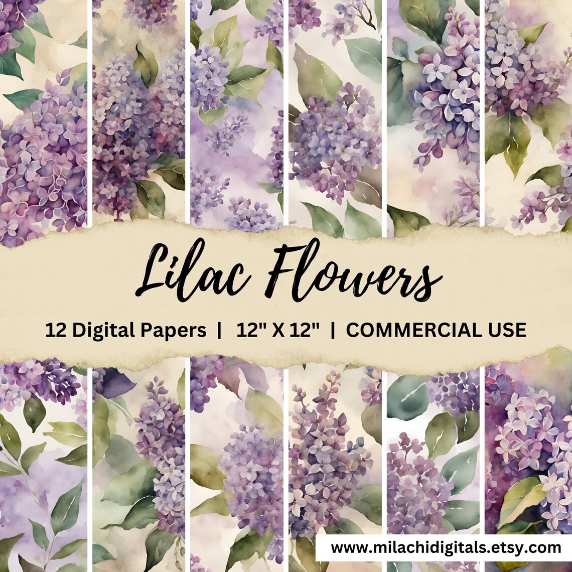 Lilac Flowers Digital Paper, Watercolor Floral Patterns, Junk Journal ...