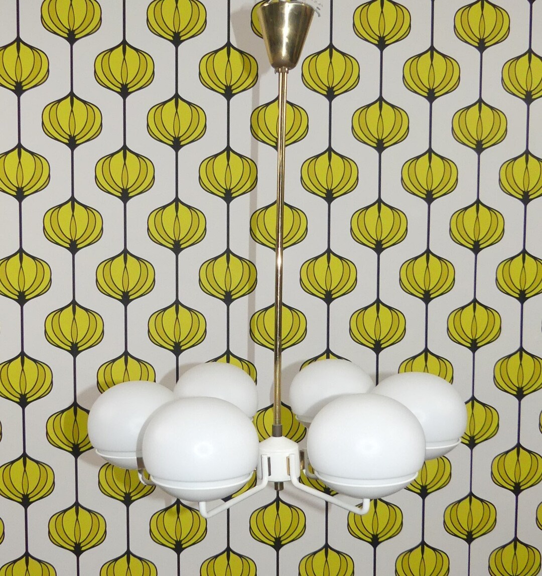 Chandelier 60s 70s Ceiling Light Lamp Metal White Brass Opal Glass 6 ...