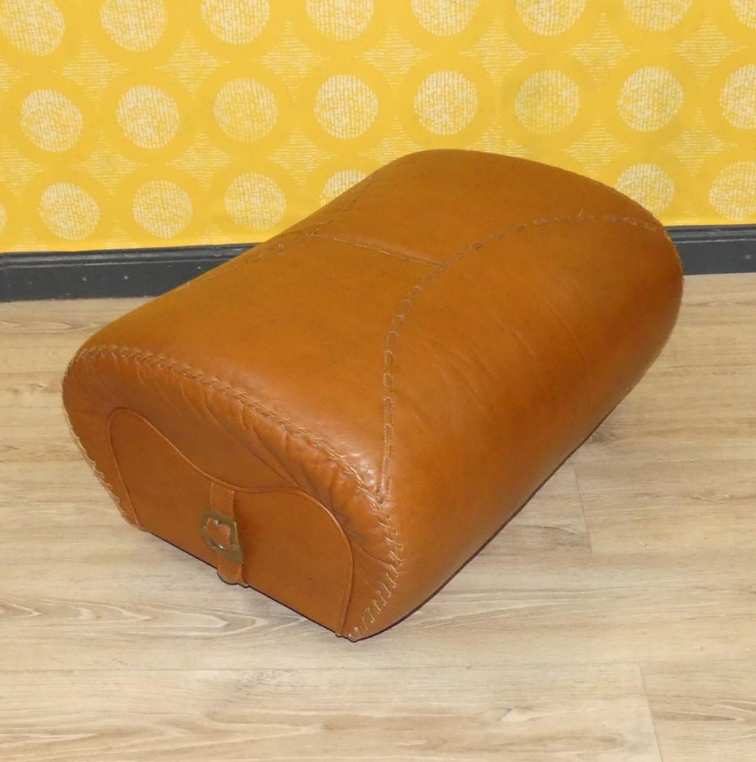 70s Retro Vintage Ottoman in a Rich Cognac Leather Baseball Style ...