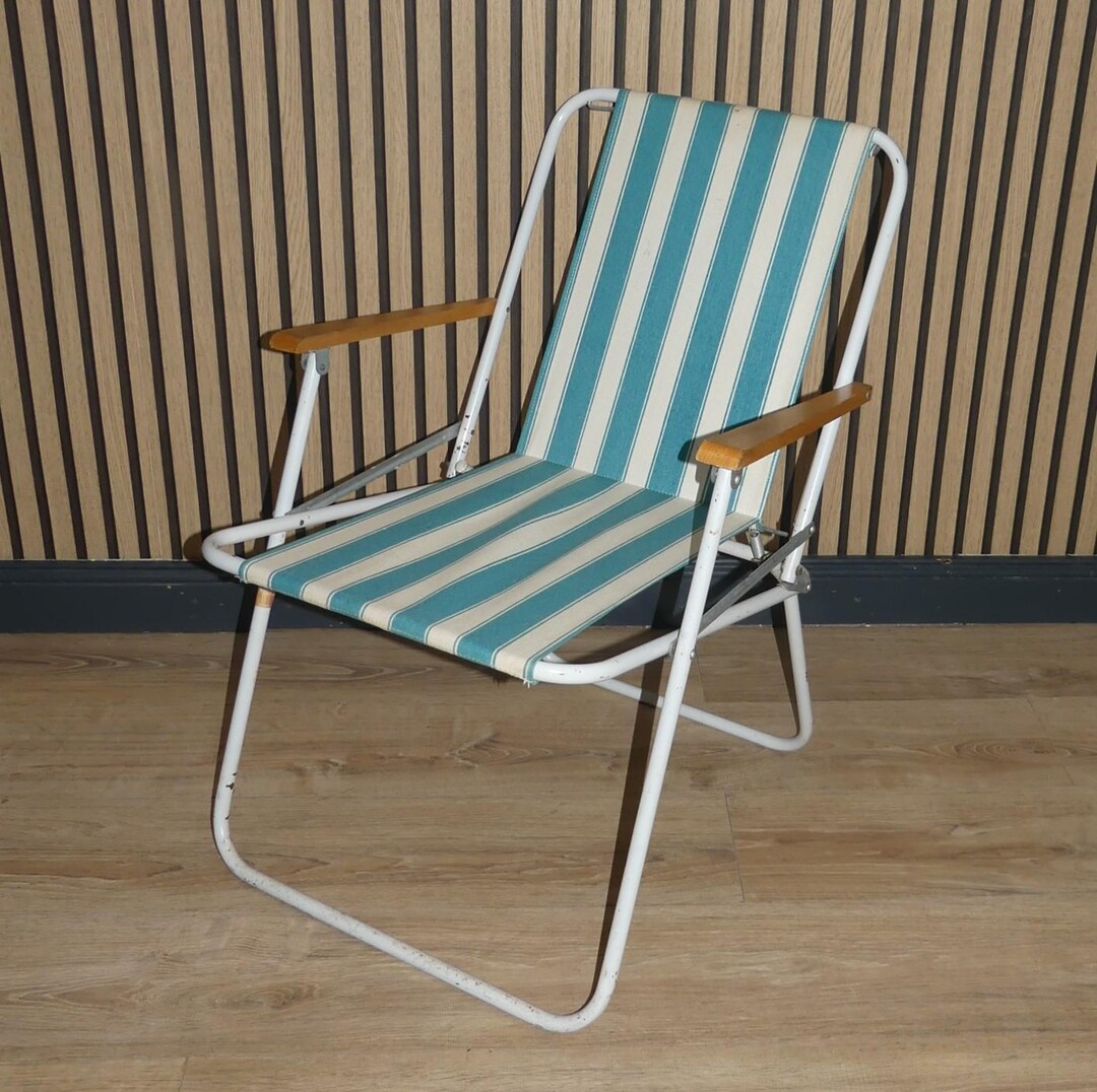 70s Folding Chair Turquoise Striped Canvas Camping Chair Canvas Wood ...
