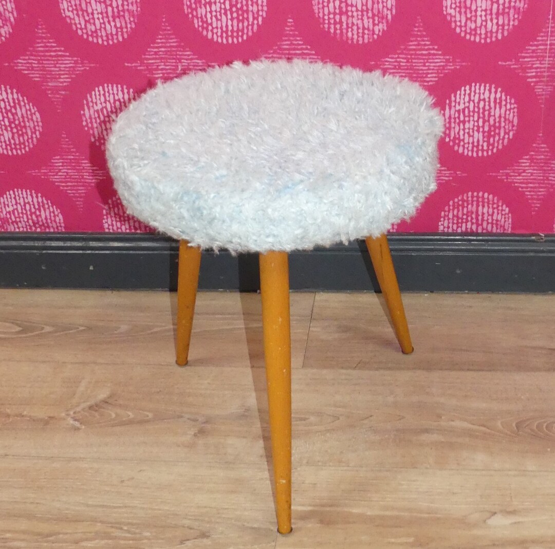 50s Fine Stool Wood Filigree Legs Pastel Blue Fluff Cover Retro Fifties - Etsy