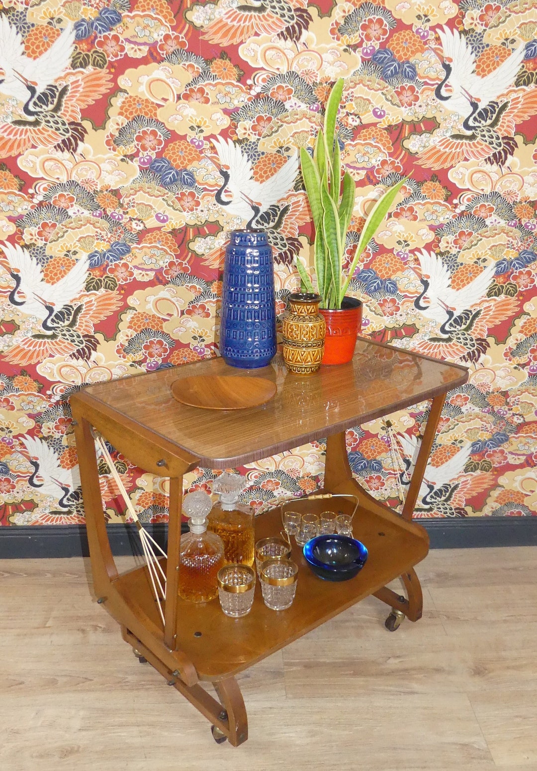 50s 60s Bar Cart on Wheels Foldable Resopal in Teak Look Retro 60s ...