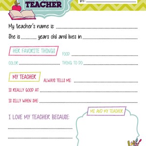 All About My Teacher Questionnaire Printables | Teacher Appreciation ...