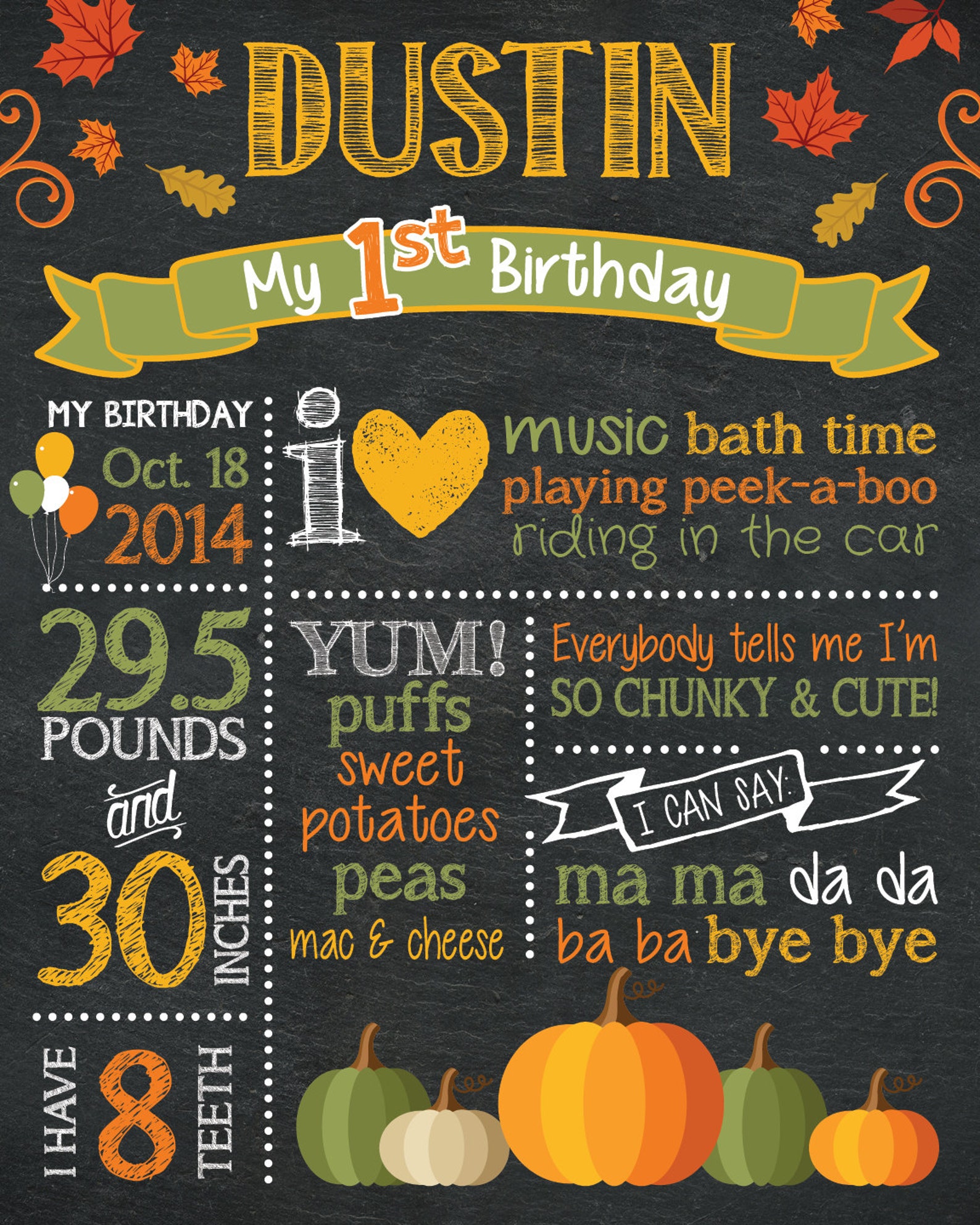 Fall Pumpkin Theme Birthday Chalkboard Sign - First Birthday Chalkboard ...
