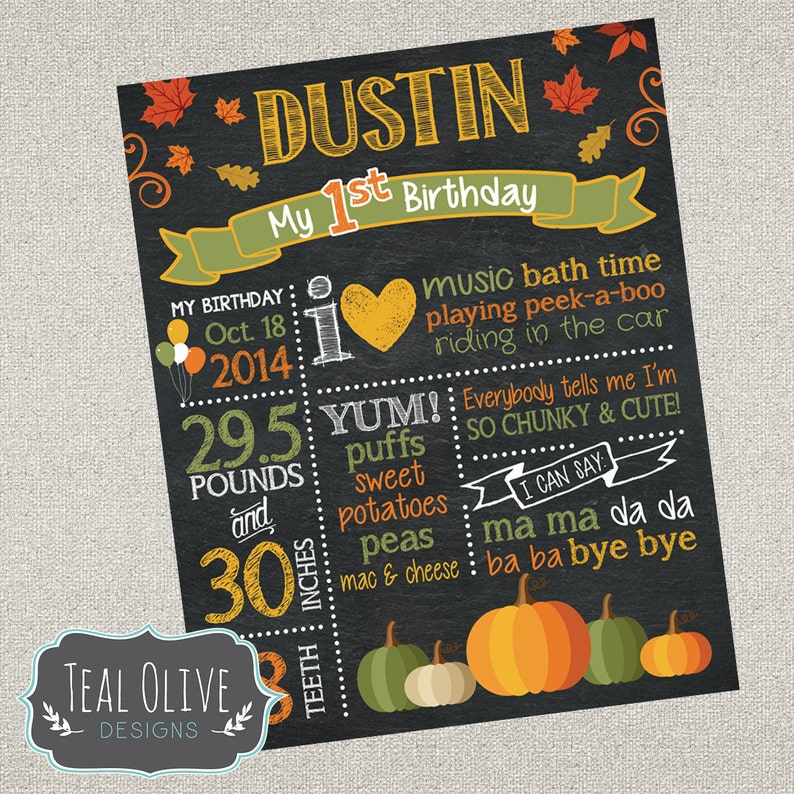 Fall Pumpkin Theme Birthday Chalkboard Sign - First Birthday Chalkboard ...