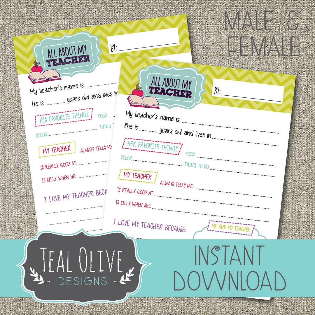 All About My Teacher Questionnaire Printables | Teacher Appreciation ...