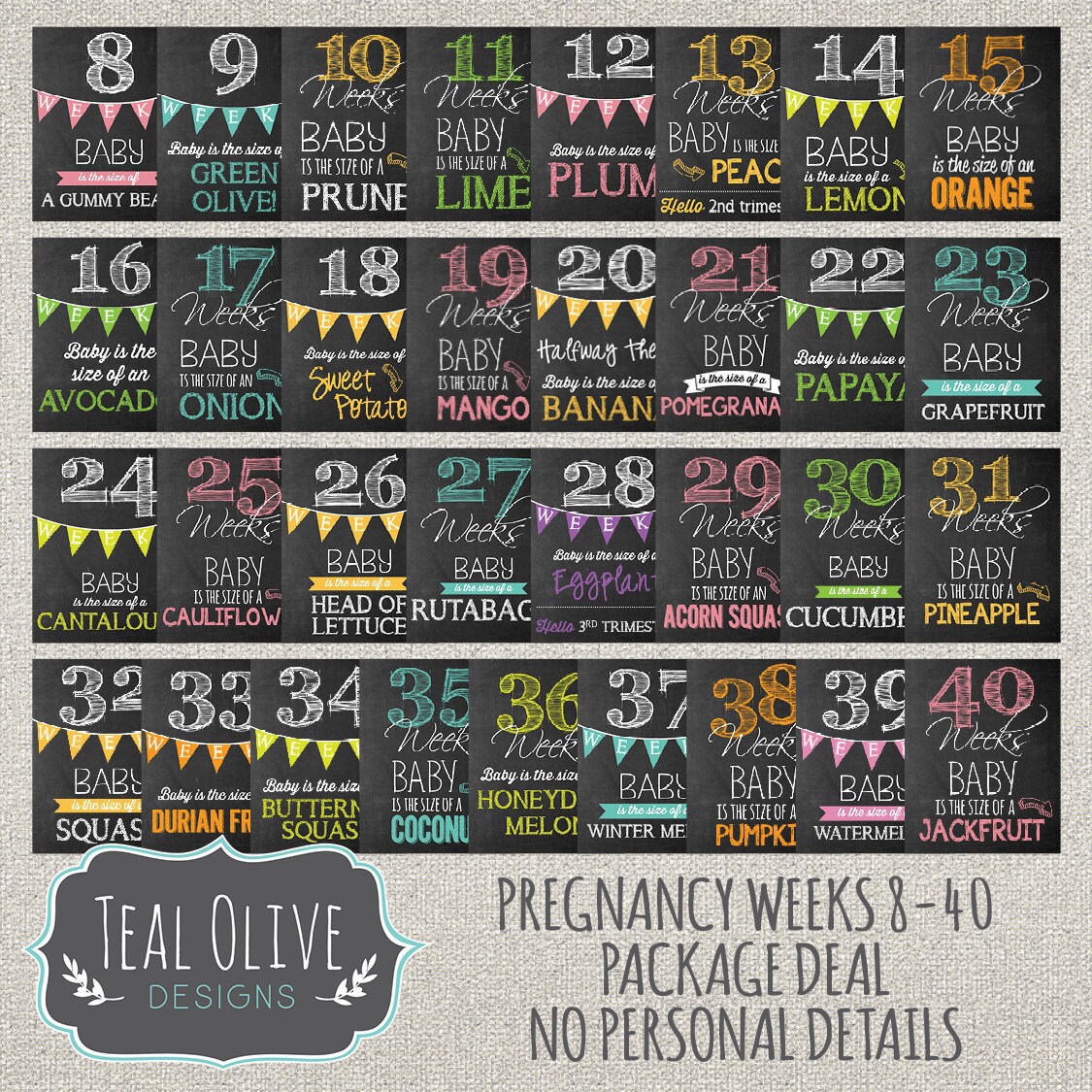 Weekly Pregnancy Chalkboard Sign Week 8-40 Package Deal 33 - Etsy