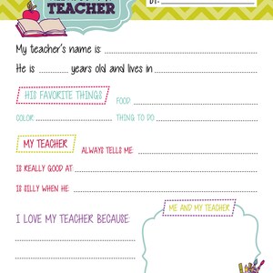 All About My Teacher Questionnaire Printables | Teacher Appreciation ...