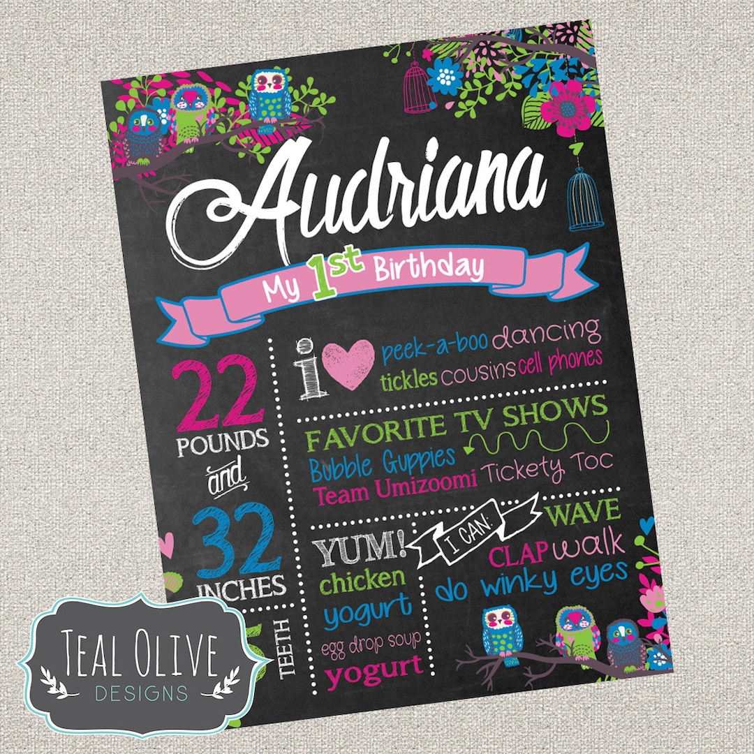 Owls Chalkboard Birthday Sign - Owls First Birthday Chalkboard Poster ...