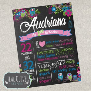 Owls Chalkboard Birthday Sign - Owls First Birthday Chalkboard Poster ...