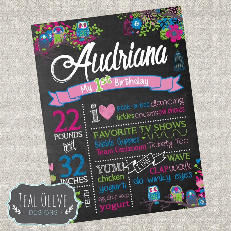 Owls Chalkboard Birthday Sign - Owls First Birthday Chalkboard Poster ...