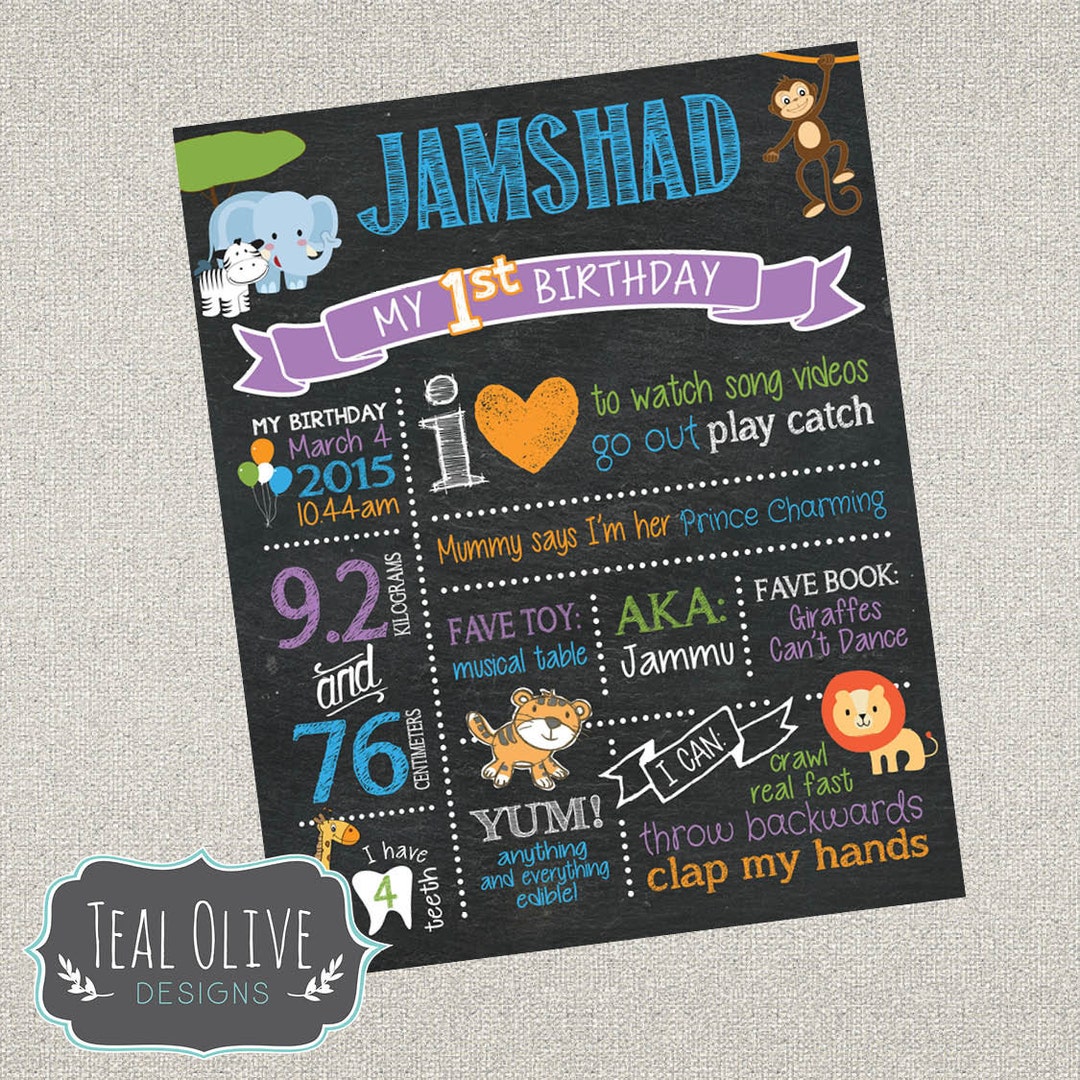 Zoo Animals Chalkboard Birthday Sign First Birthday Chalkboard Poster ...