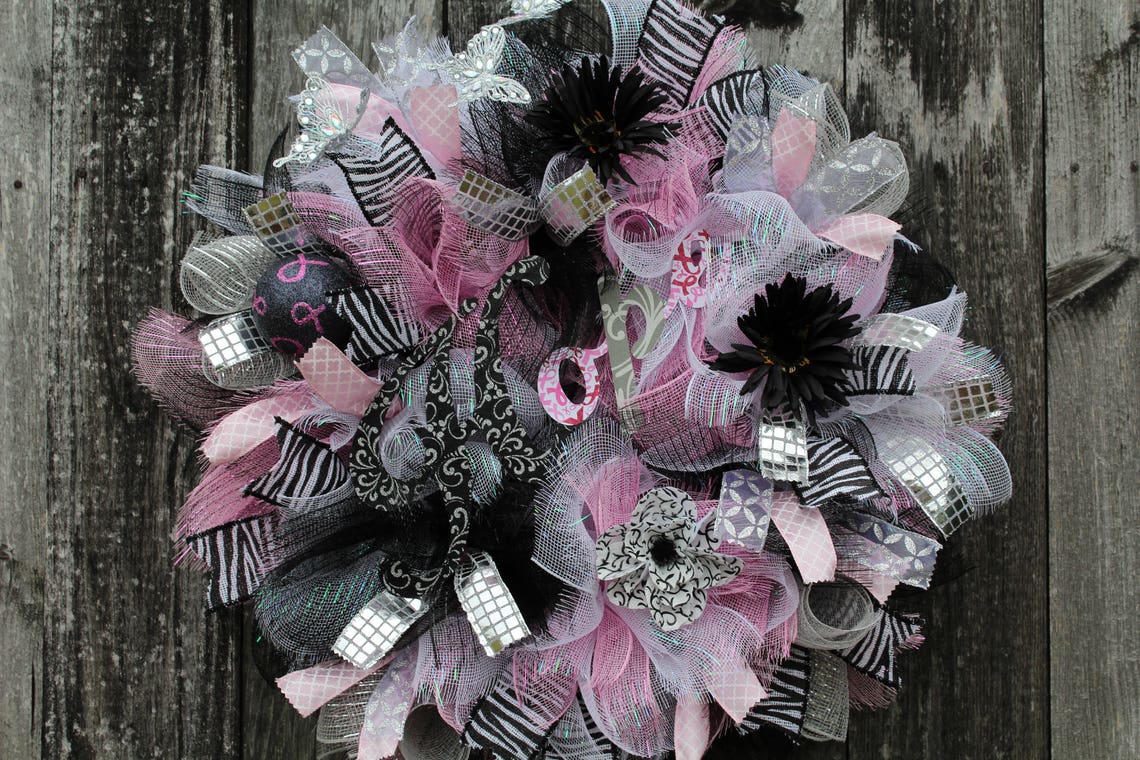 Hope Deco Mesh Wreath, Breast Cancer Awareness Wreath, Pink, Black ...
