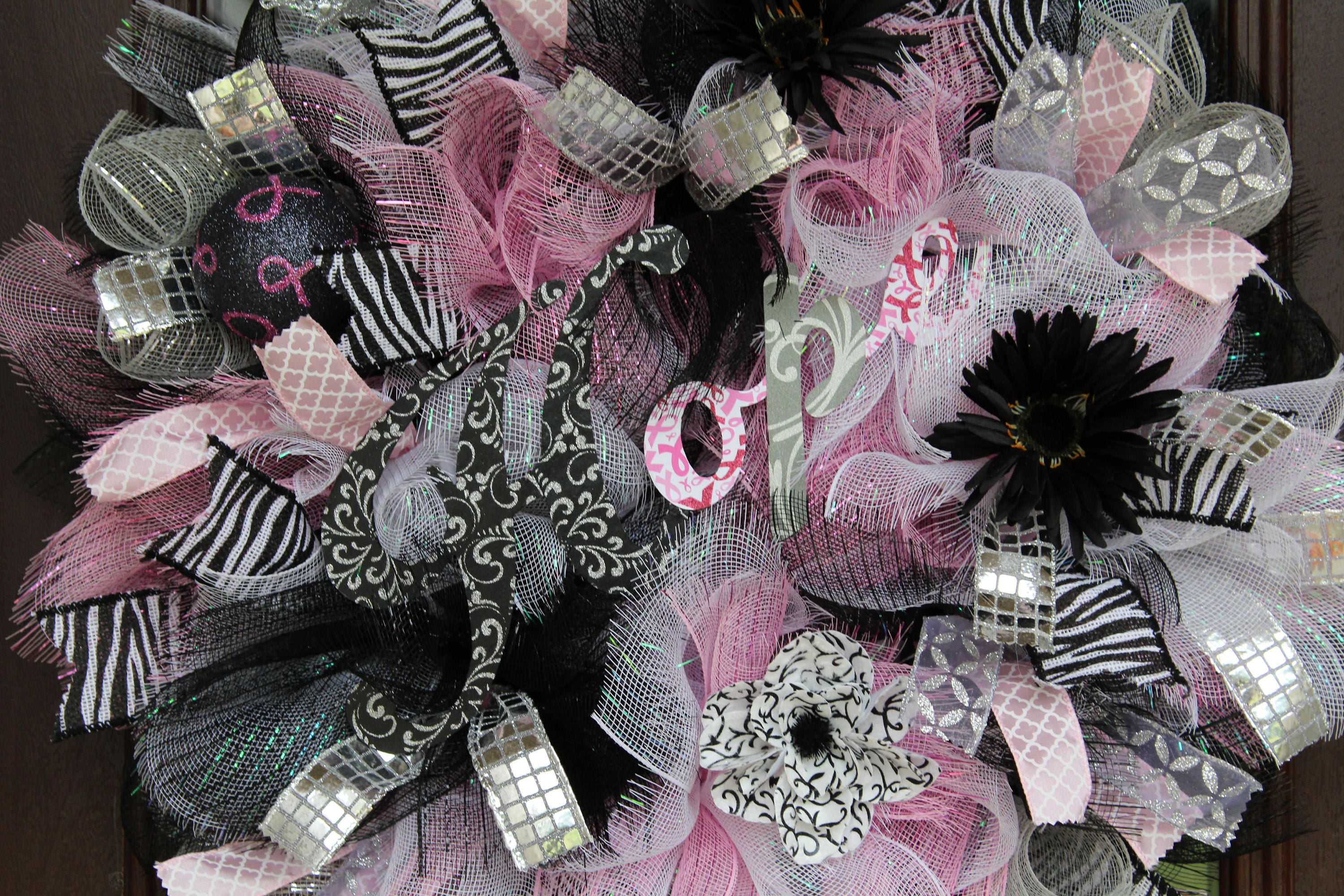 Hope Deco Mesh Wreath, Breast Cancer Awareness Wreath, Pink, Black ...