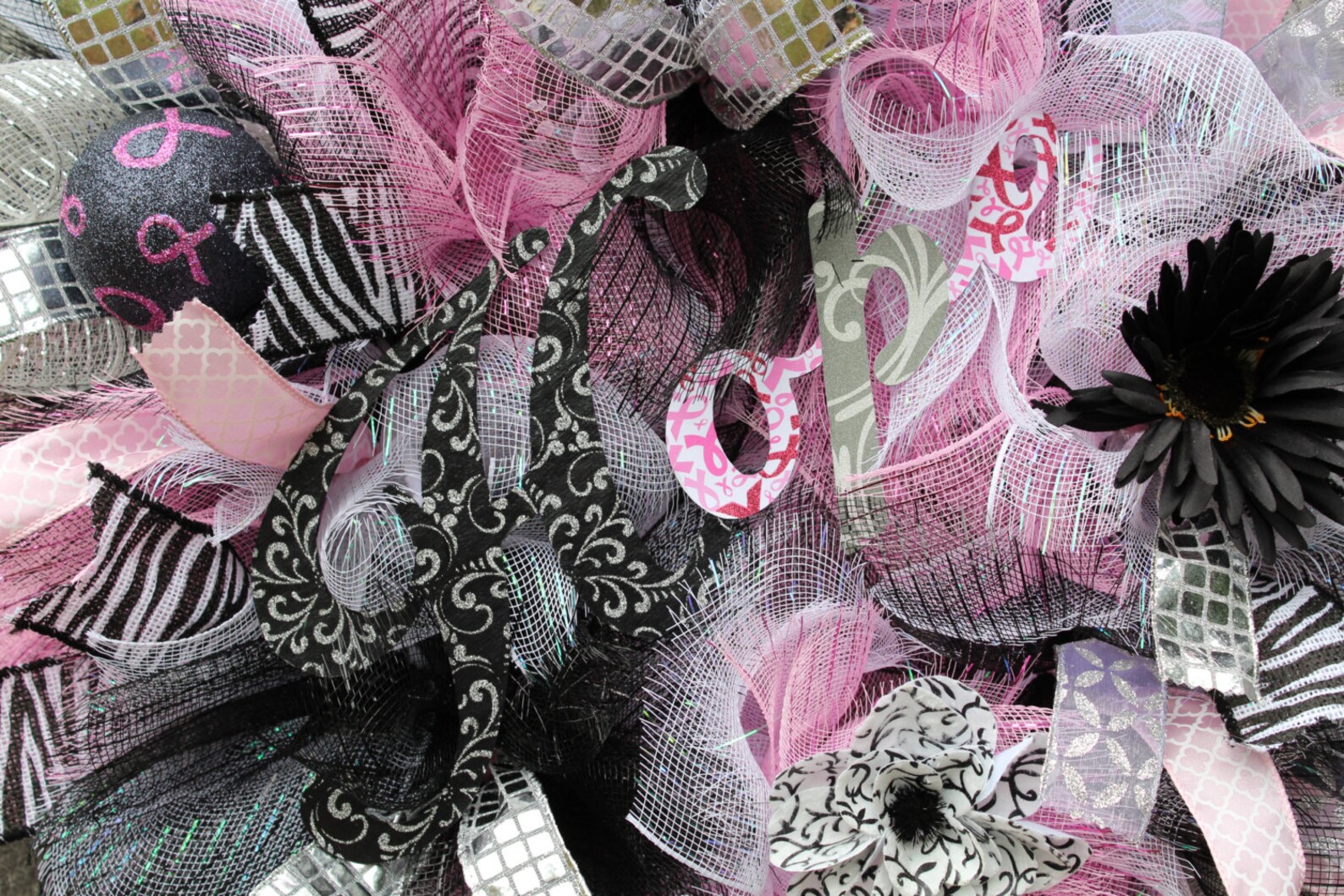 Hope Deco Mesh Wreath, Breast Cancer Awareness Wreath, Pink, Black ...