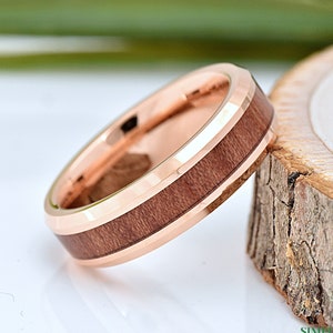 Rose Gold Wedding Band With Mahogany Wood Inlay Rose Gold Plated Tungsten Ring Mens Womens Ring Wooden Ring for Men Engraved Ring Etsy