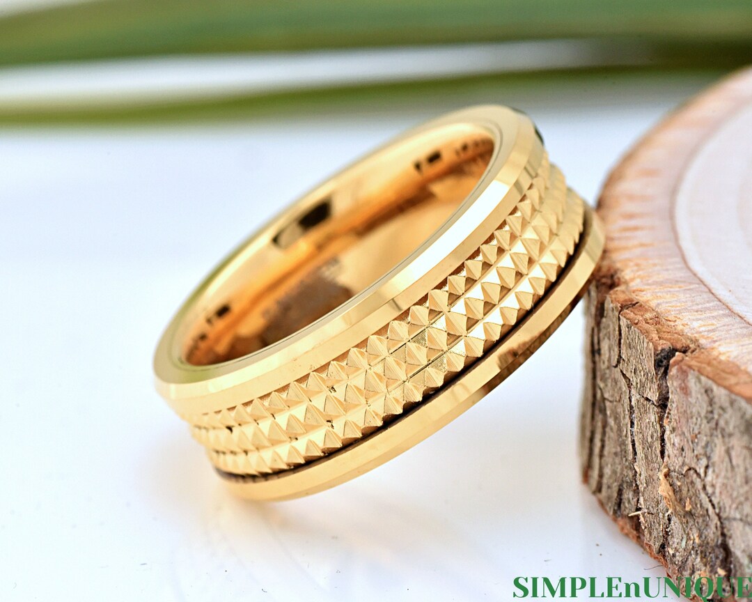 Gold IP Tungsten Jagged Center 8mm Ring, Mens Unique Engagement Ring ...