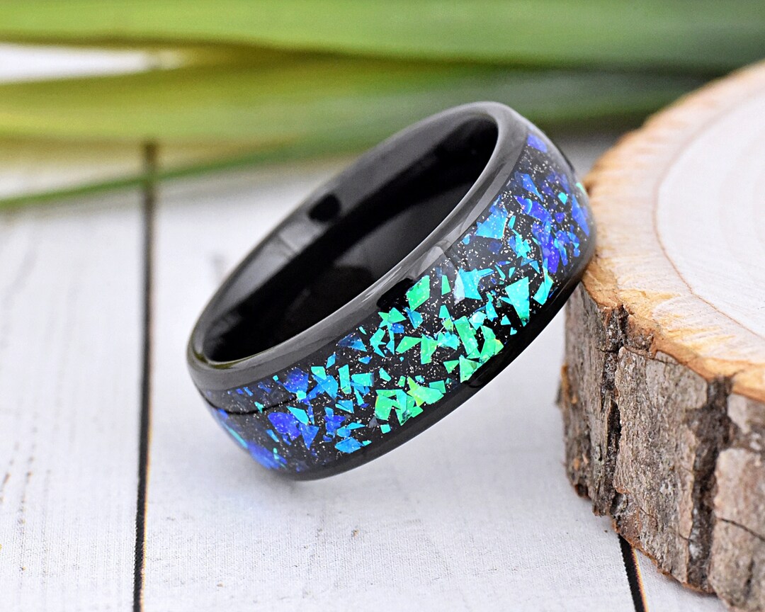 Green Blue Opal Abalone Fragment Inlay Ring Dome Black Tungsten Wedding ...