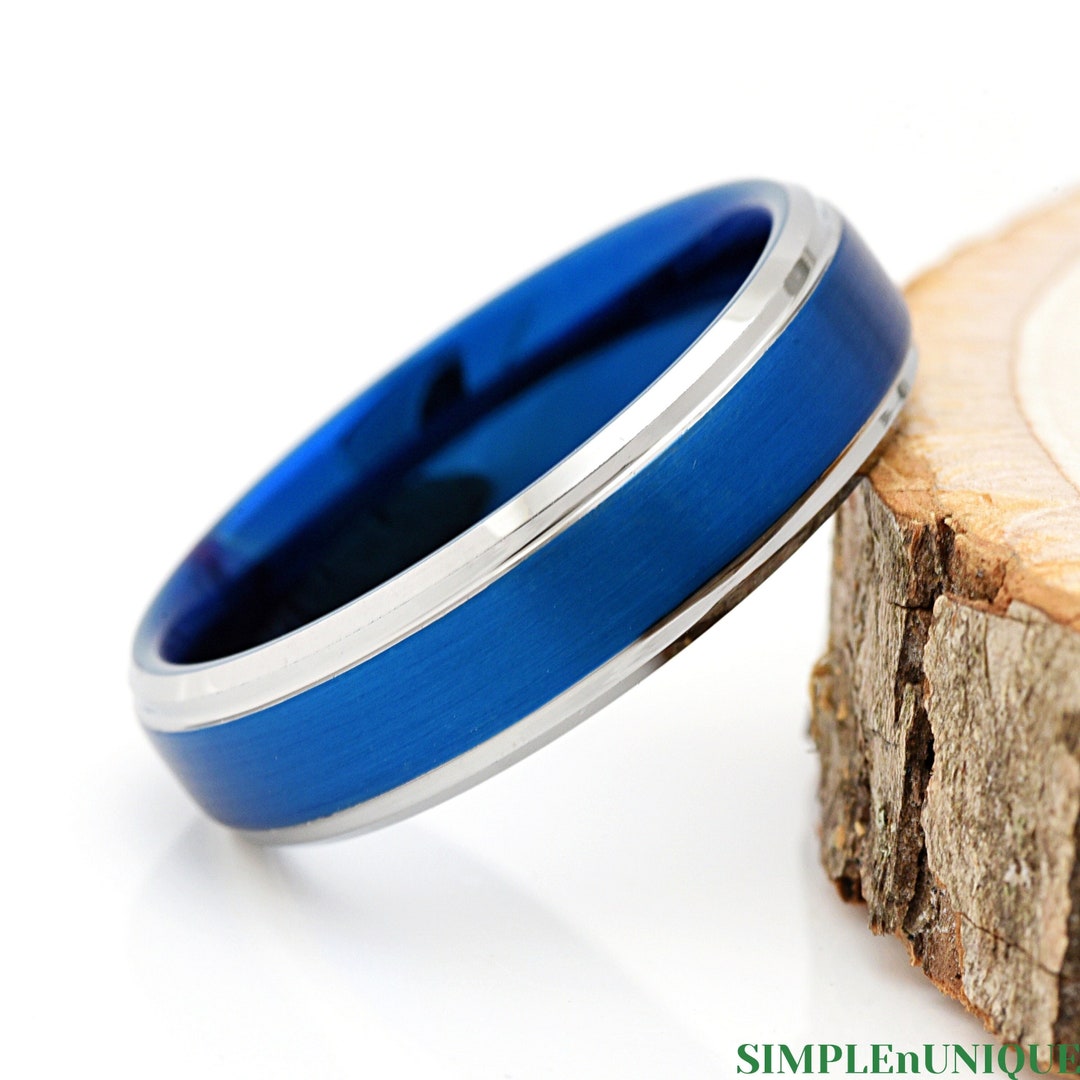 Blue Tungsten Ring, Blue Wedding Band, 6mm Tungsten Carbide Ring, Men's ...