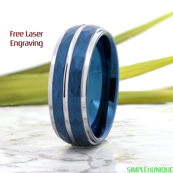 Blue Tungsten Ring Trendy Mens Unique Engagement Hammered Tungsten Carbide Wedding Band Mens Promise Rings for Men Engraved Gift