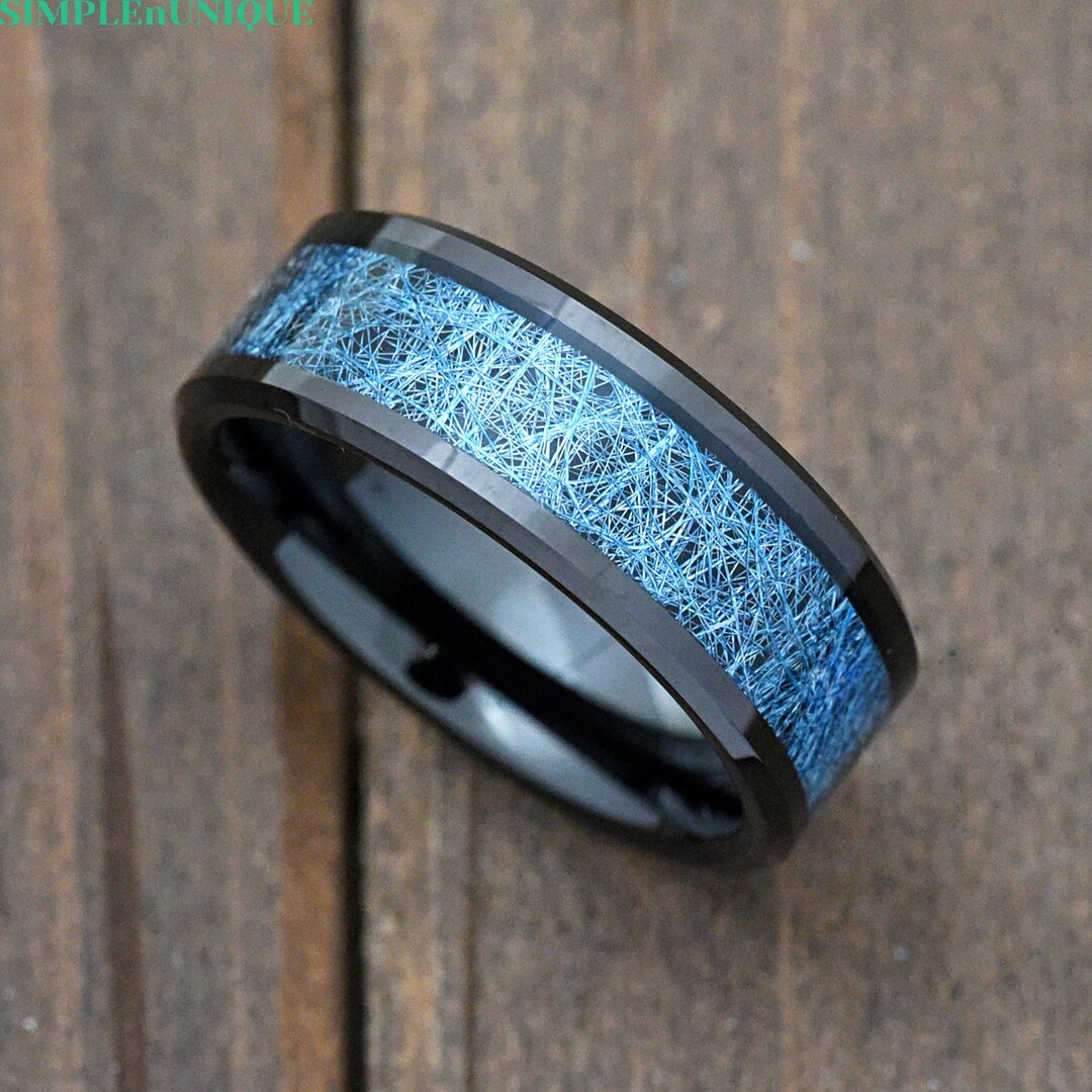 Blue Silk Thread Inlay Unique Black Tungsten Carbide Ring Engraved ...