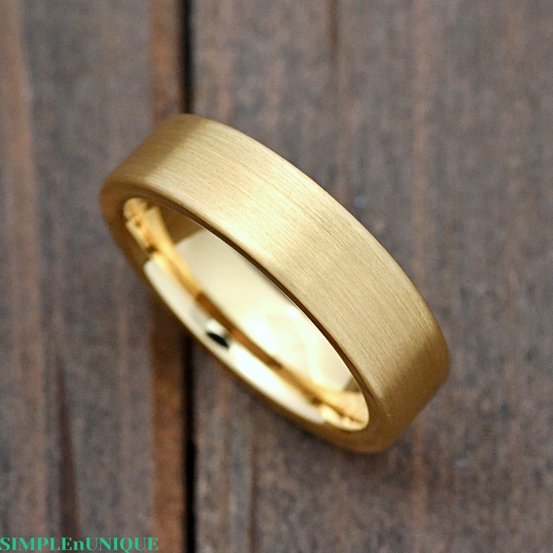 6mm Brushed Pipe Cut Gold Tungsten Carbide Engagement Ring Minimalist ...
