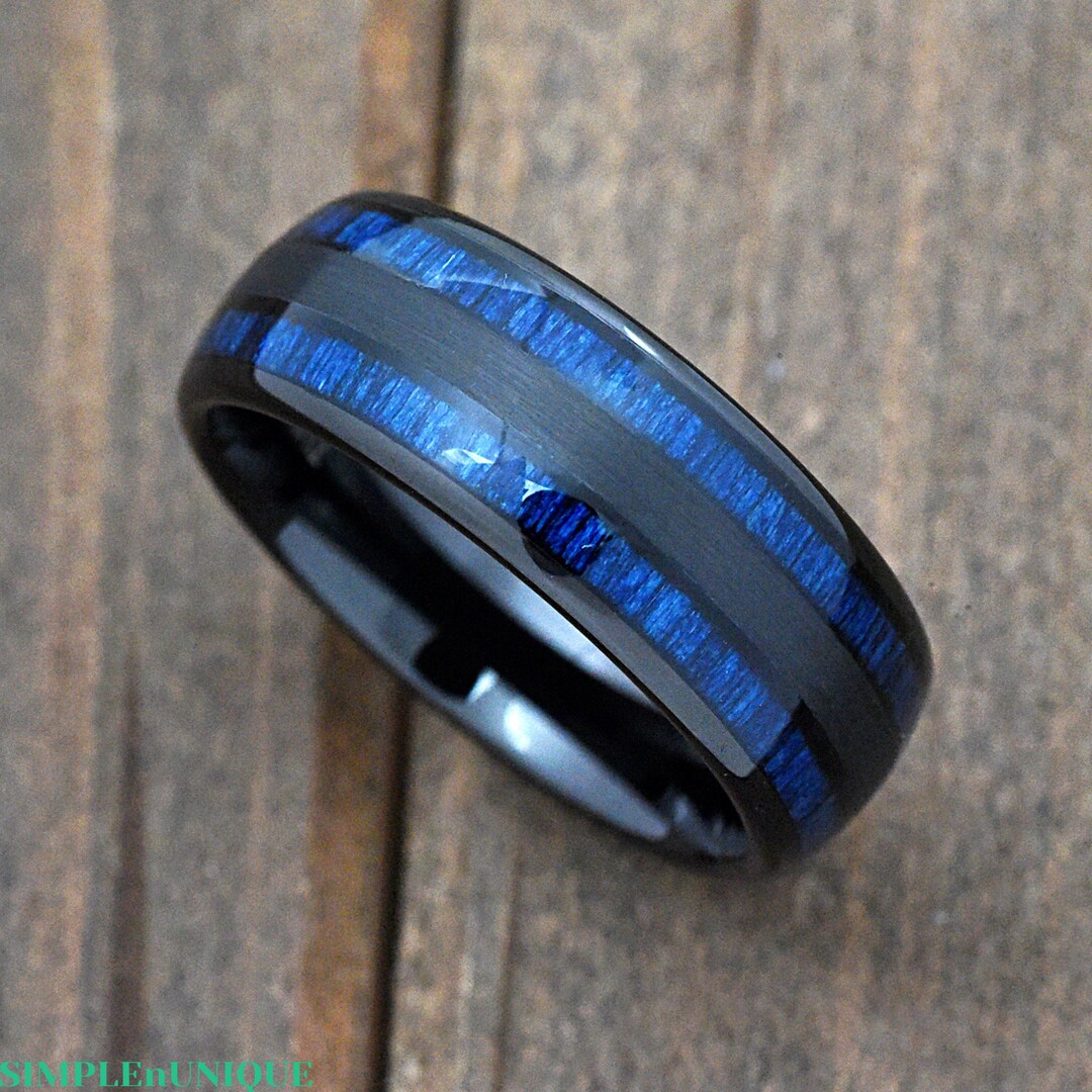 Unique Exotic Blue Wood Inlay Brushed Center Dome Black Tungsten ...