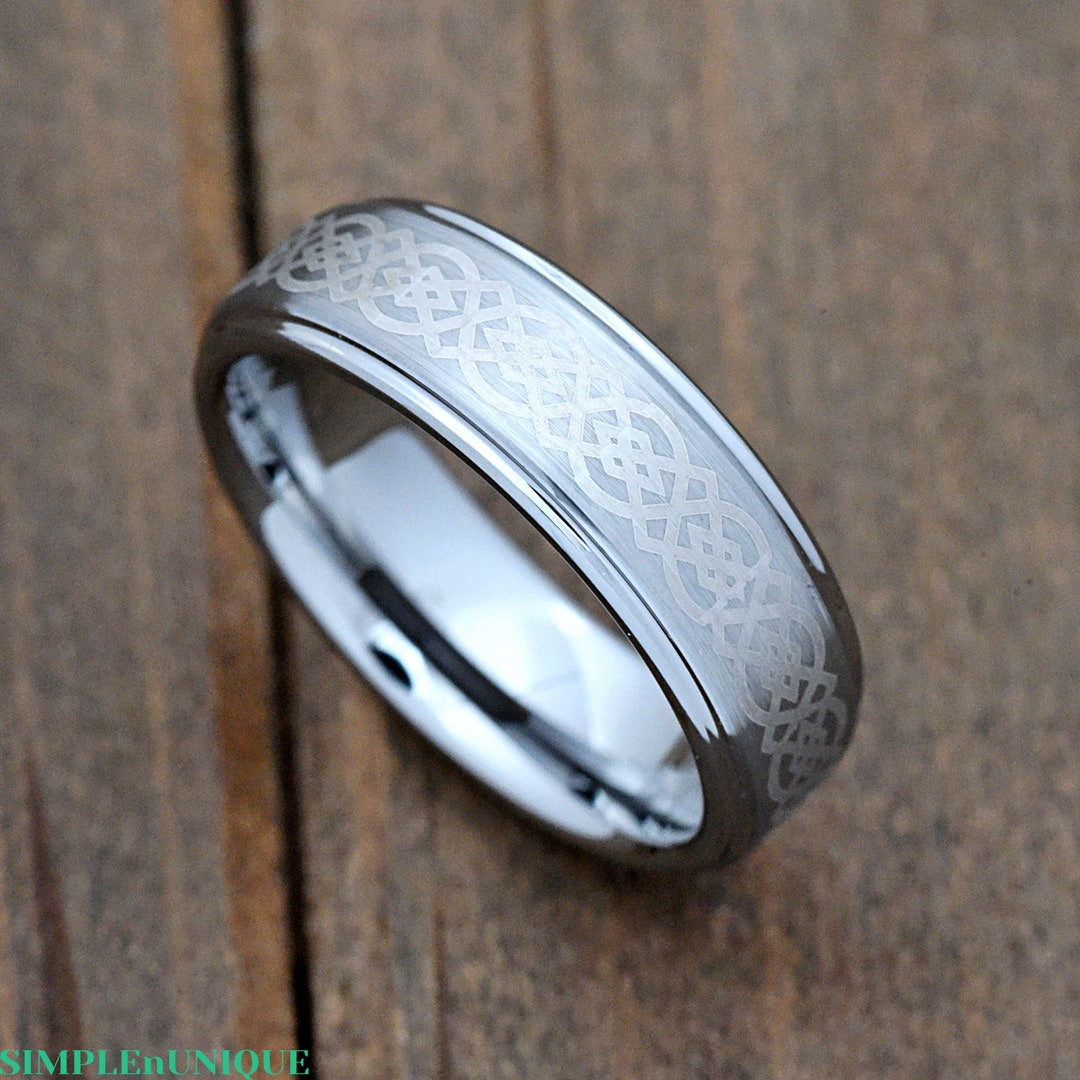 Celtic Knot Engraved Stepped Edge Tungsten Carbide Engagement Ring, Tungsten Wedding Band ...