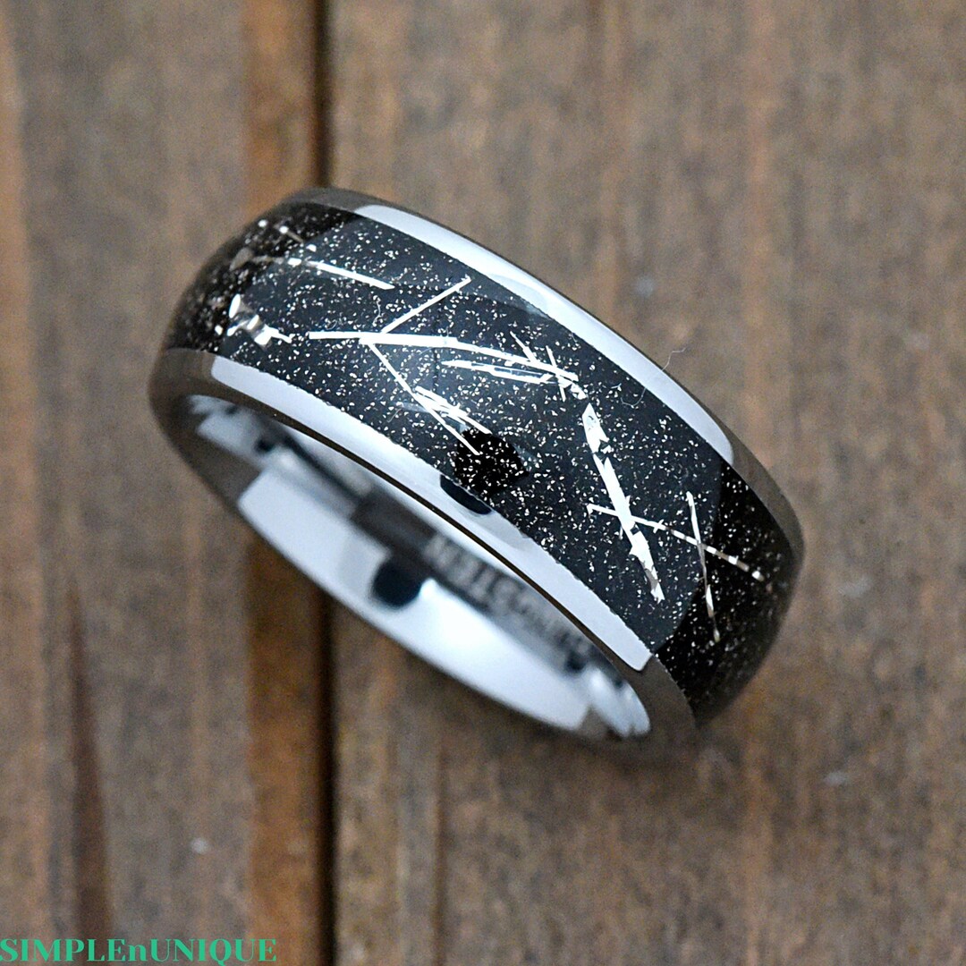 8mm Galaxy Meteorite Black Inlay Dome High Polish Tungsten Carbide Ring ...
