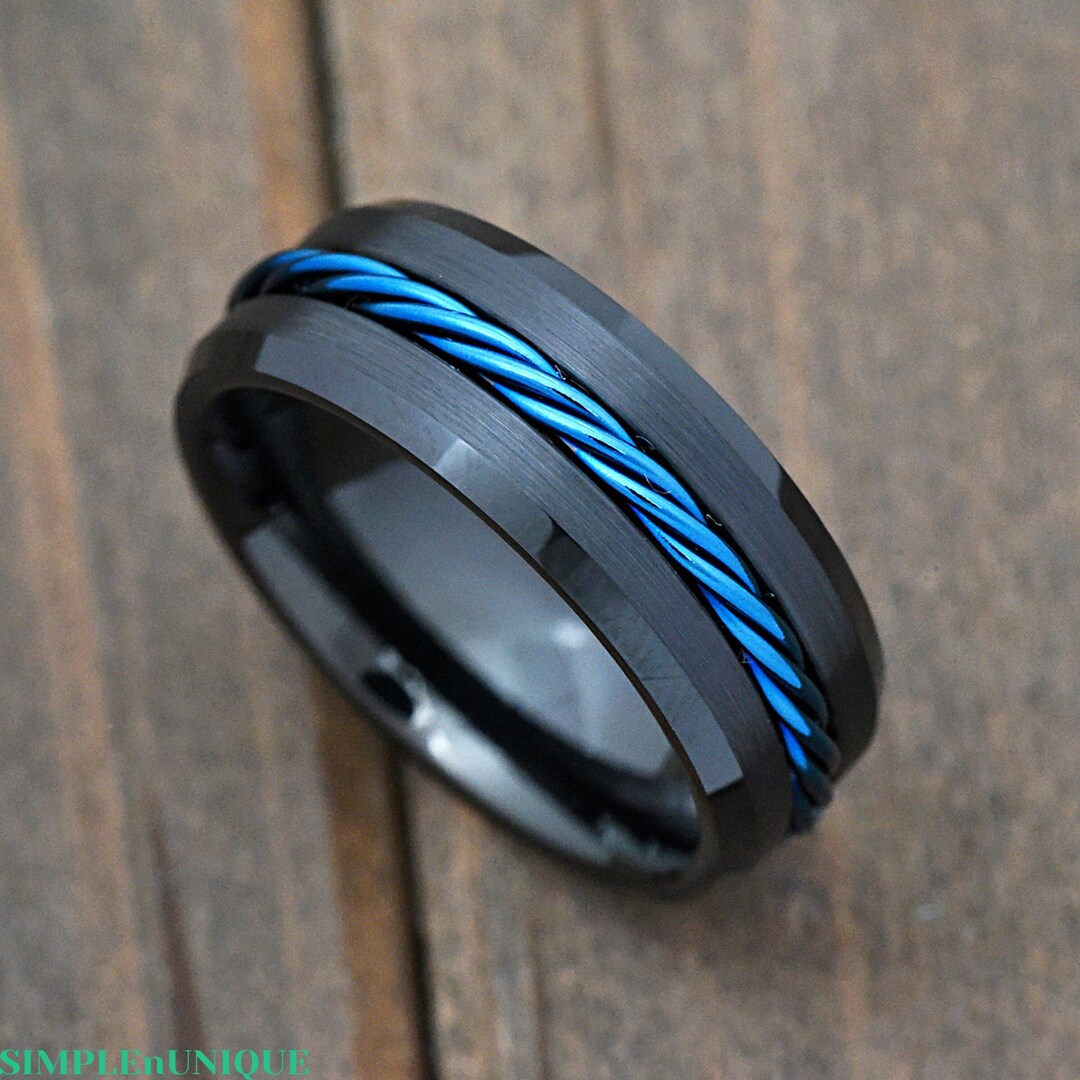 Unique Blue Colored Rope Around Center Inlay Brushed Black Tungsten ...