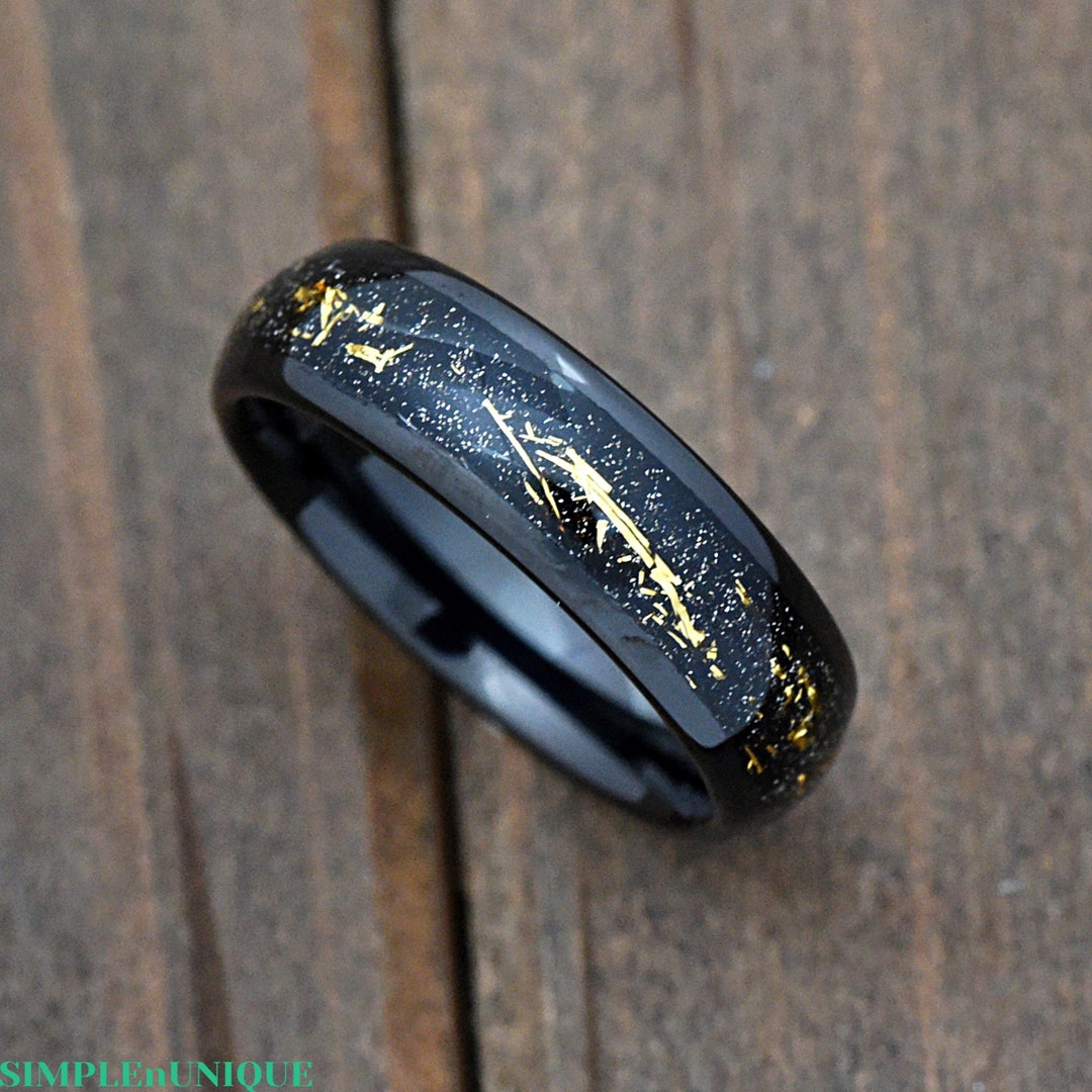 6mm Galaxy Meteorite Inlay Dome High Polish Black Tungsten Carbide Ring ...