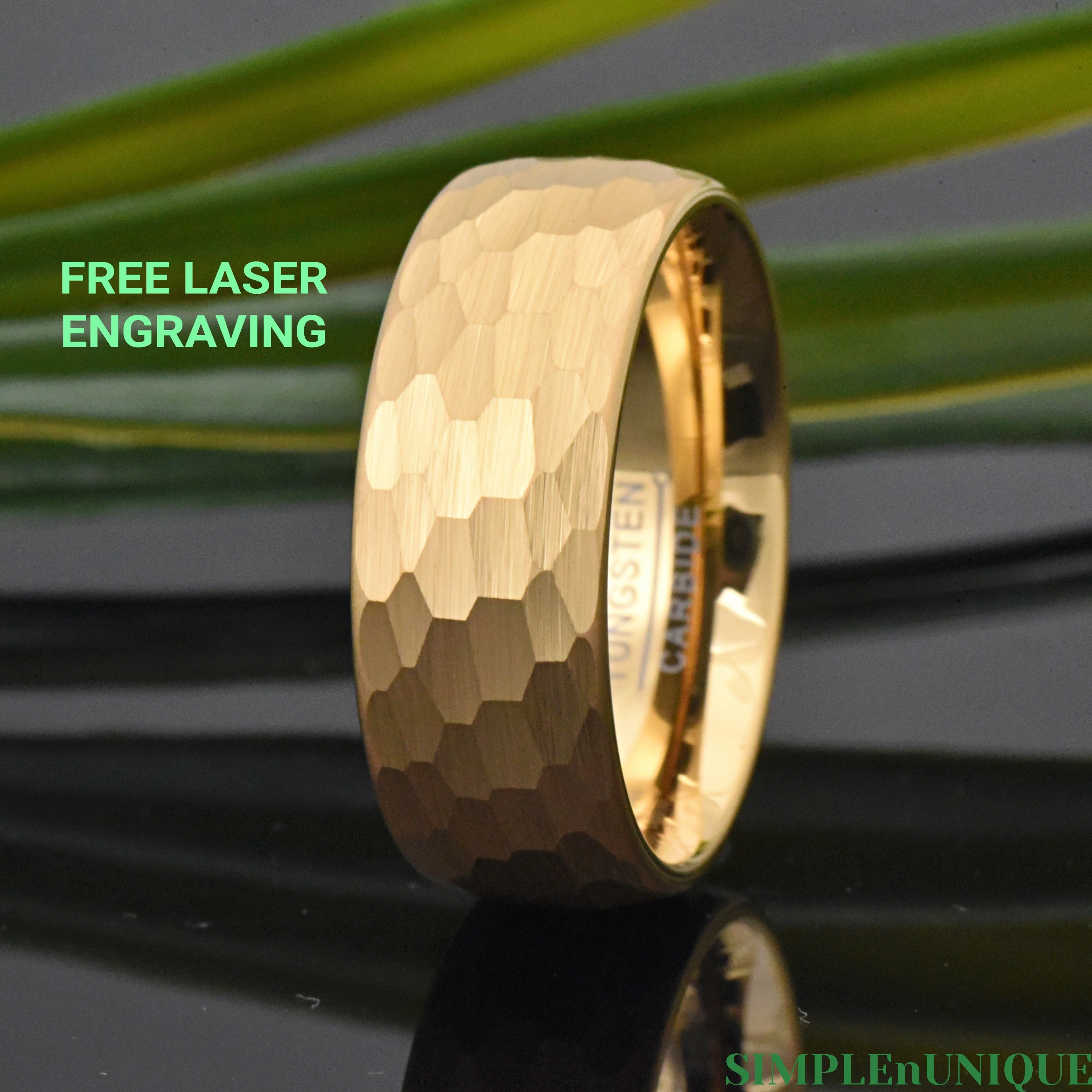 Hammered Ring, Gold Tungsten Wedding Band, Mens Tungsten Wedding Ring ...