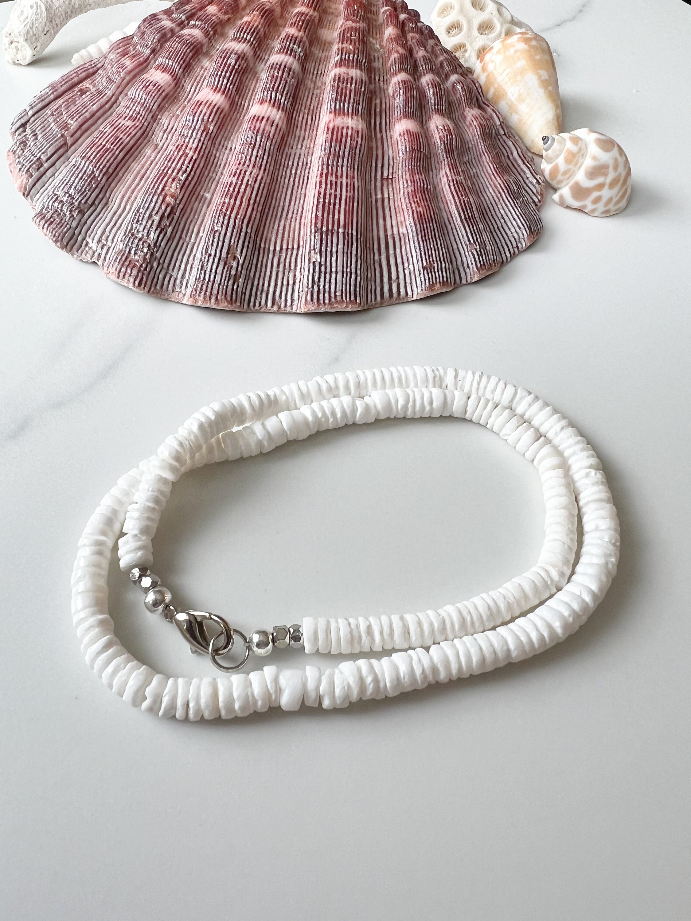 White Shell Necklace, 16 Inch, Hawaiian Heishi Shell Necklace, Beach ...