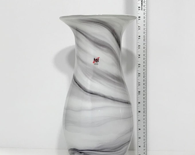 Large Art Glass 18” Tall Vase, Gray White Marbled Color Glass Vase Hand ...