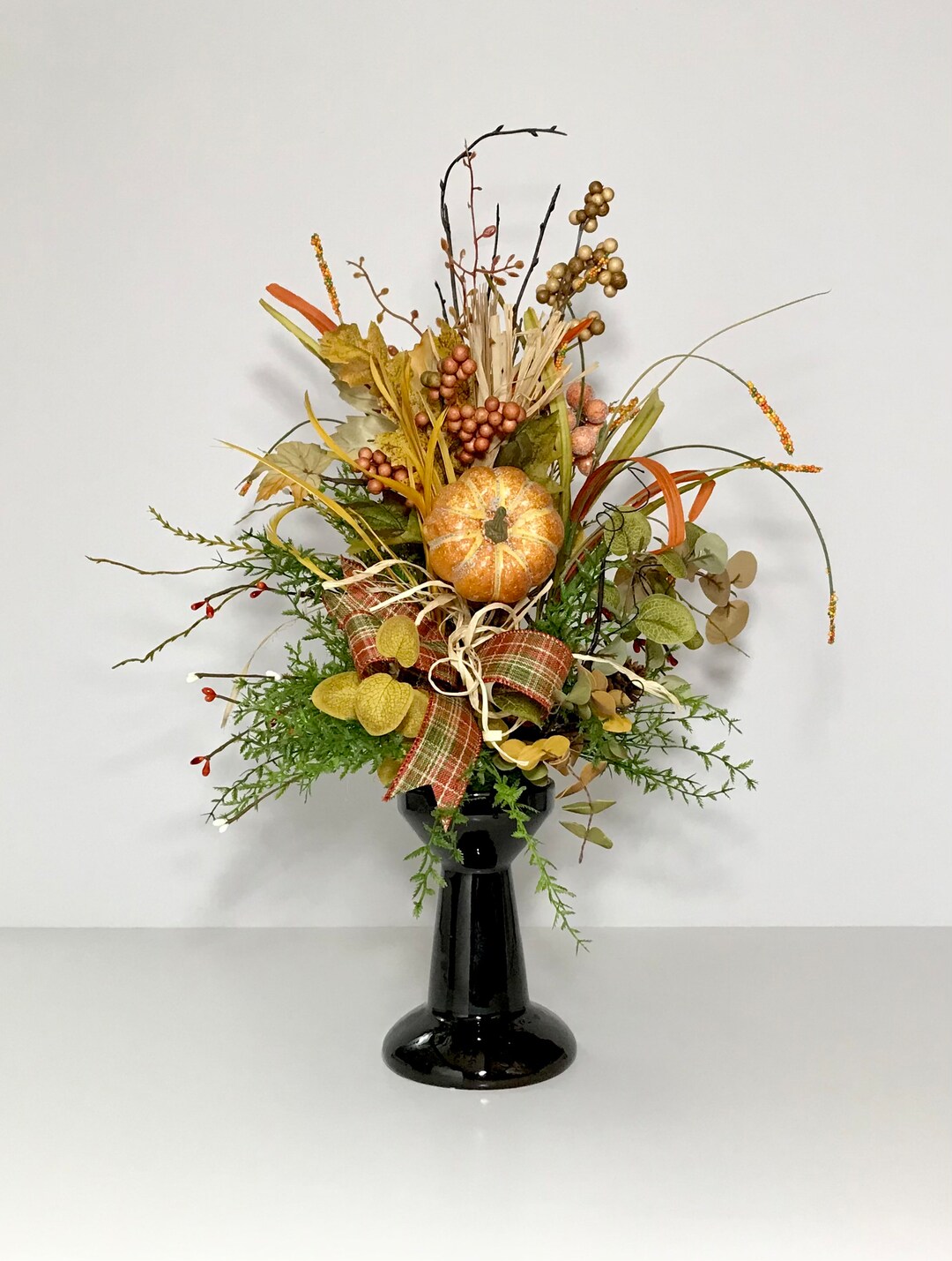 Fall Candlestick Centerpiece Floral Arrangement, Autumn Harvest Ceramic ...
