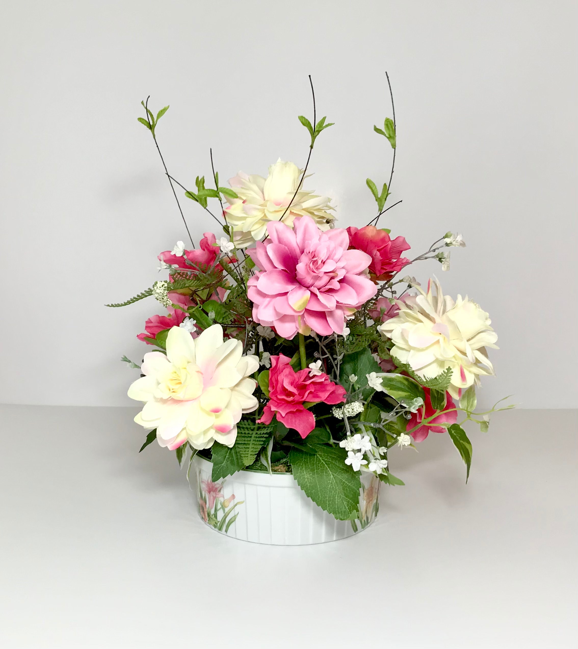 Pink White Cream Flowers Arrangement, Porcelain Vase Floral Centerpiece ...