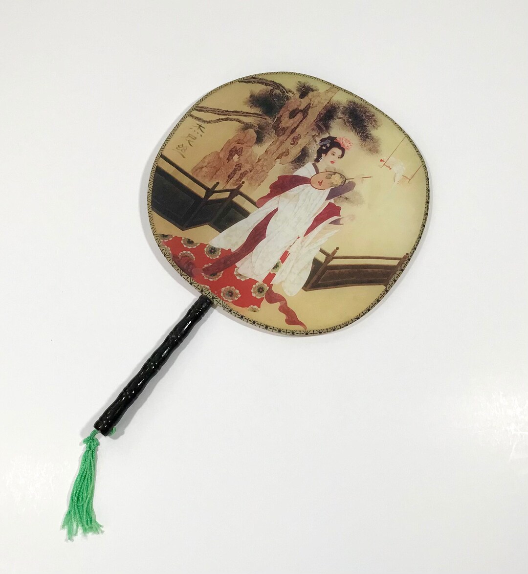 Vintage Japanese Geisha Girl Hand Fan, Stretched Silk Paddle Style ...