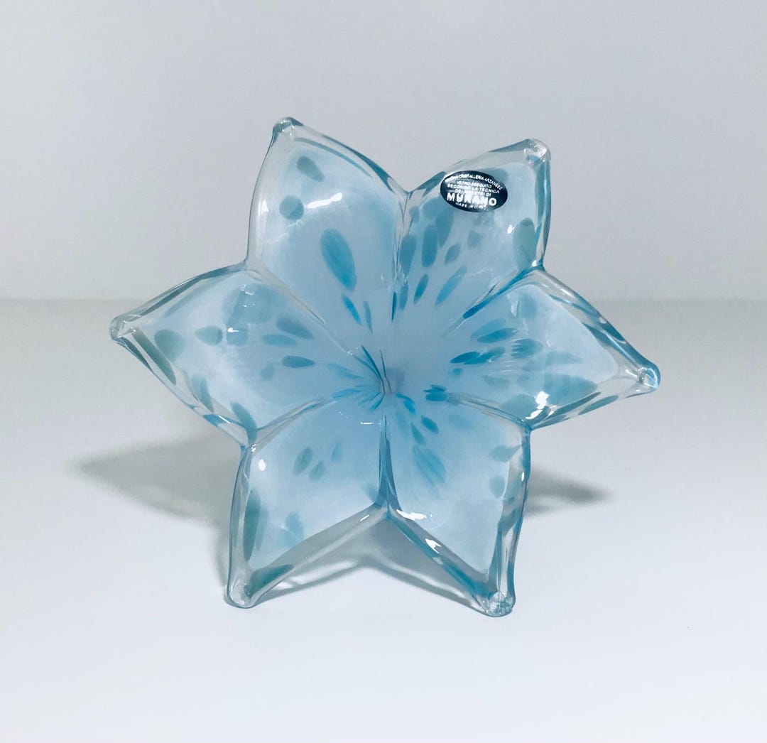 Murano Style Art Glass Pale Blue White Flower 6 Petals, Crystal Unique ...