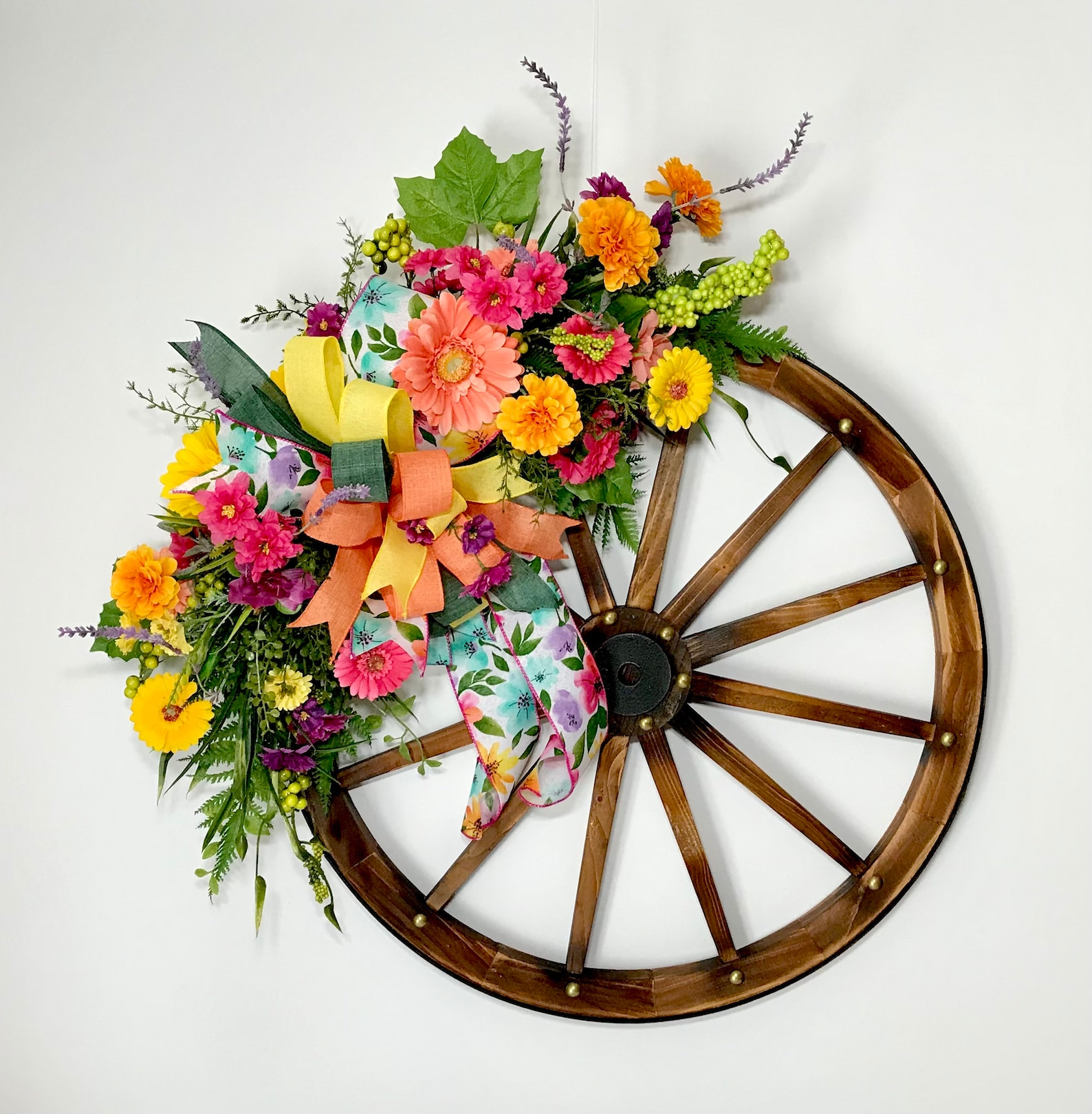 Large Wooden Wagon Wheel Summer Floral Flower Swag Wreath - Etsy
