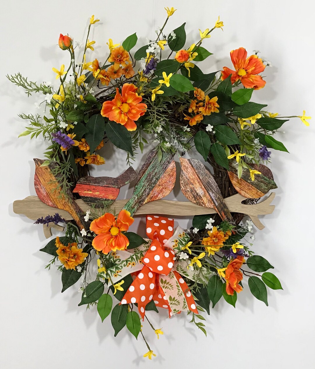 Spring Wildflowers Grapevine Wreath, Birds on Limb Summer Wreath ...