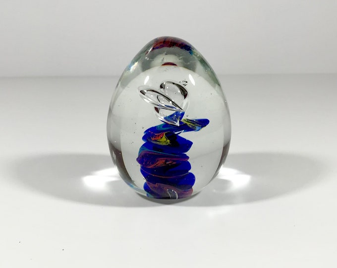 Blue Vortex Swirl Paperweight Vintage Art Glass, Clear Egg Shaped Paper ...