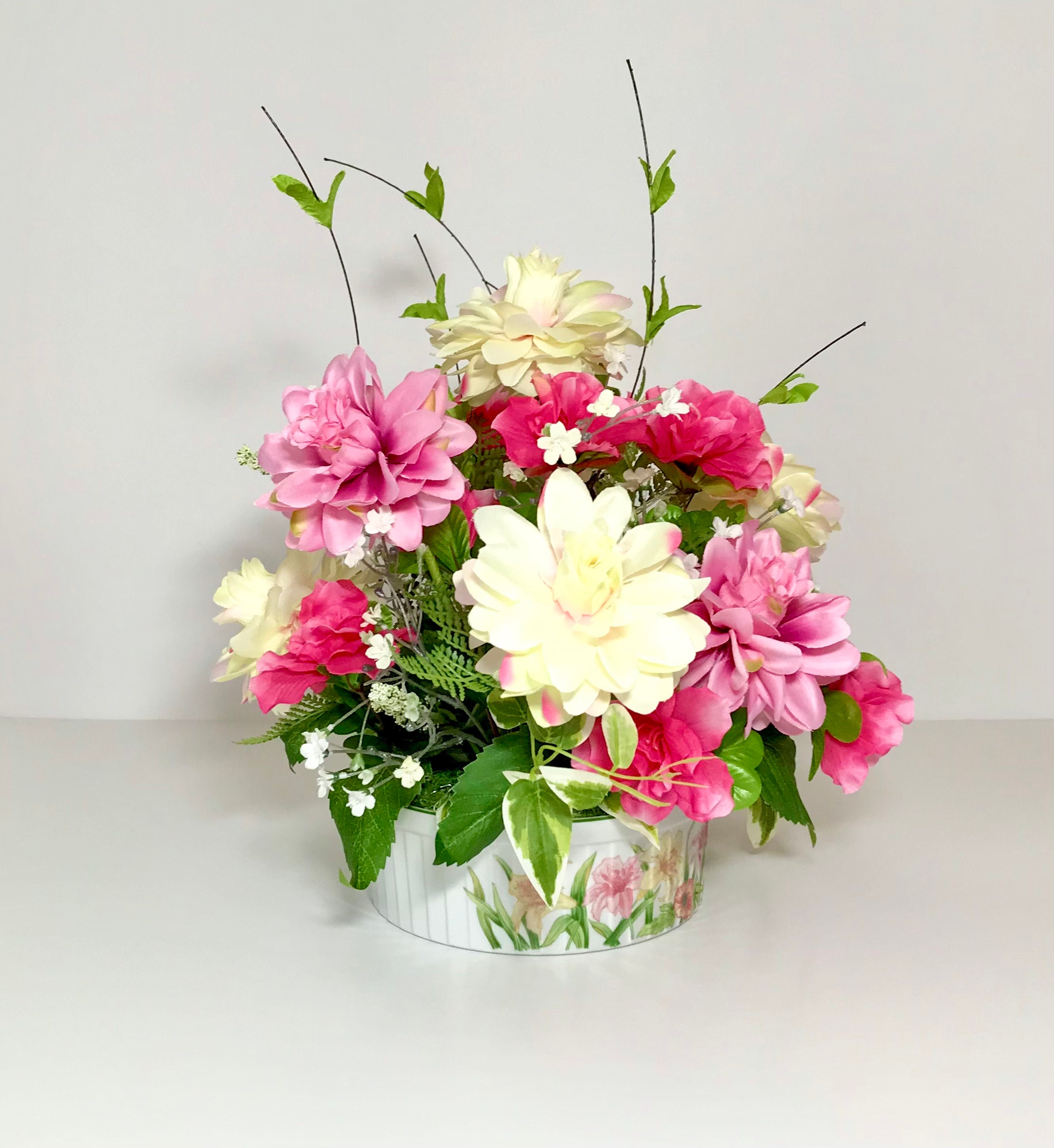 Pink White Cream Flowers Arrangement, Porcelain Vase Floral Centerpiece ...