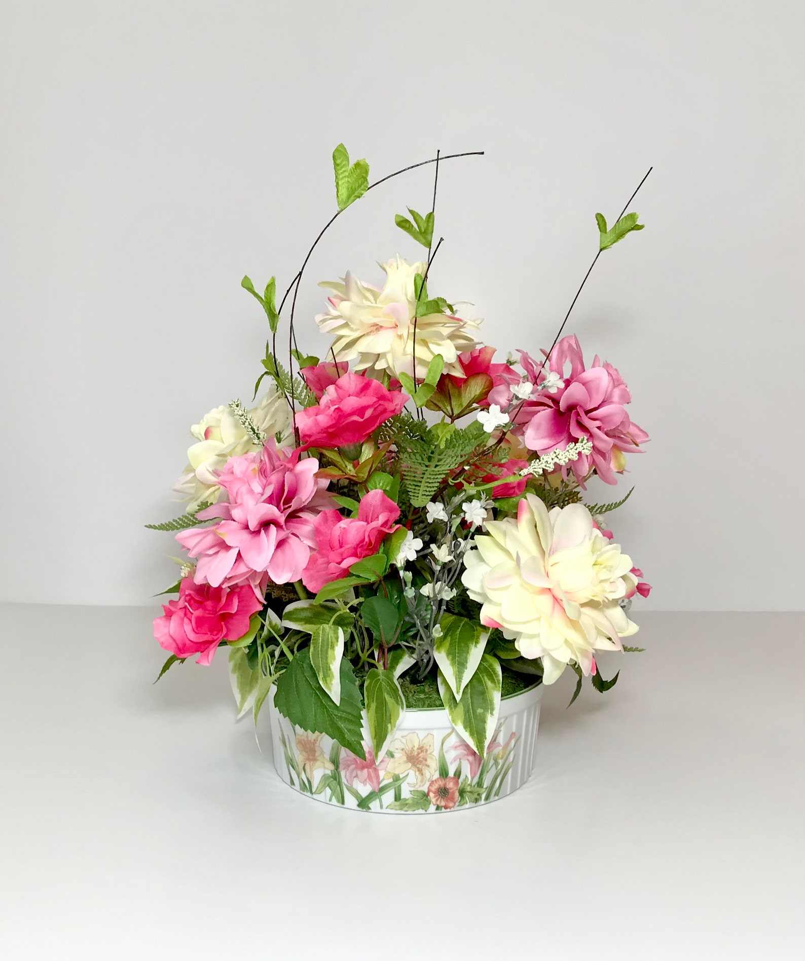 Pink White Cream Flowers Arrangement, Porcelain Vase Floral Centerpiece ...