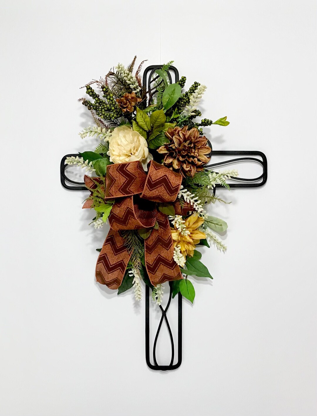 Large Wrought Iron Art Metal Cross, Floral Cross Everyday Memorial ...