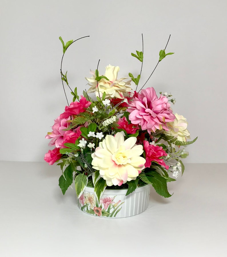 Pink White Cream Flowers Arrangement, Porcelain Vase Floral Centerpiece ...