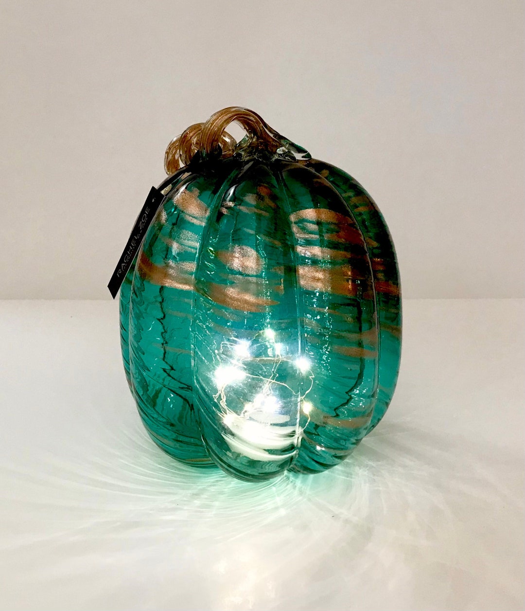 Rachel Zoe Art Glass Pumpkin, Green Glass Gold Accents, LED Lighted ...